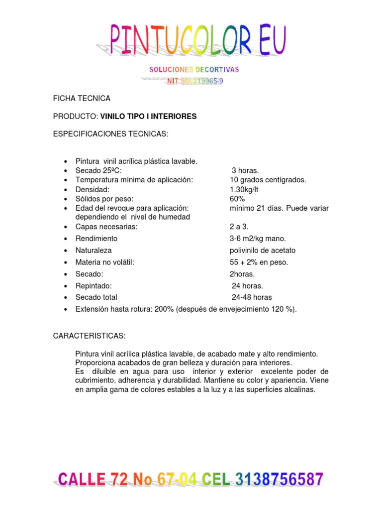 Ficha Tecnica Vinilo Tipo 1. | Descargar gratis PDF | Agua | Pintar