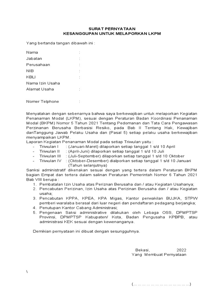 Surat Pernyataan LKPM | PDF