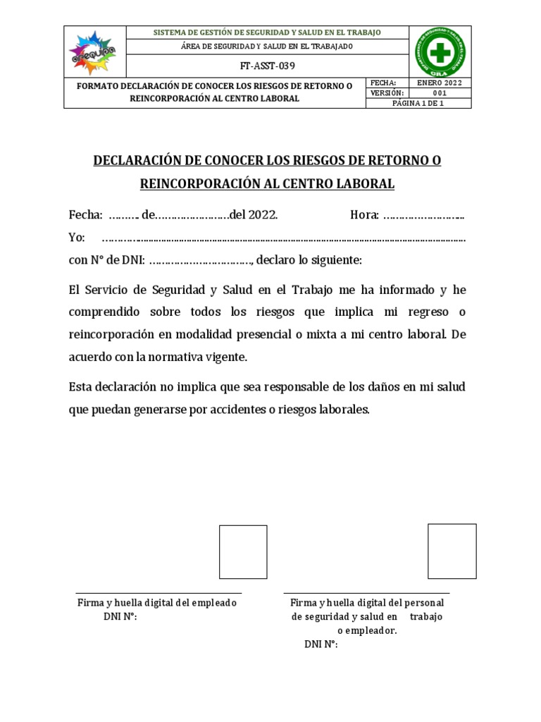 Ft-Asst-039 Formato Declaración de Conocer Los Riesgos de Retorno o Reincorporación Al Centro ...
