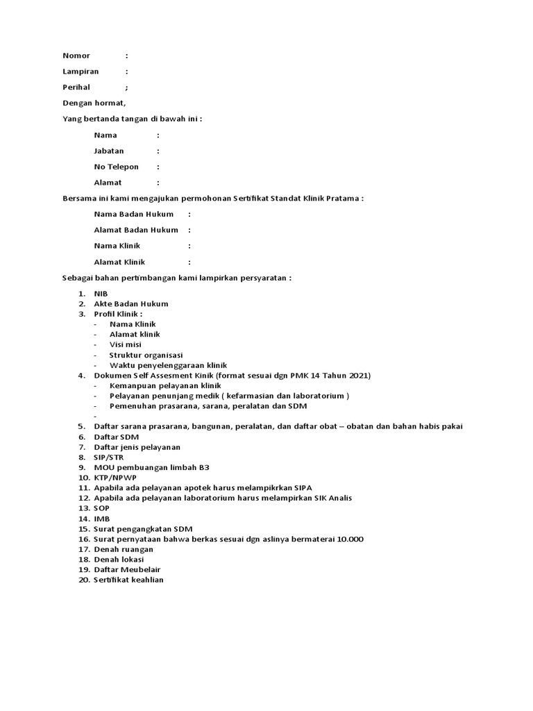 Permohonan Sertifikat Standar Klinik Pratama Pdf