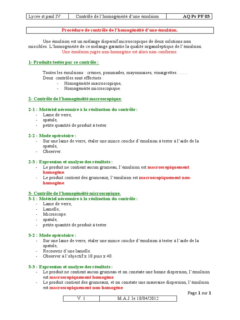AQPrPF 03 Homogeneite Emulsion | PDF