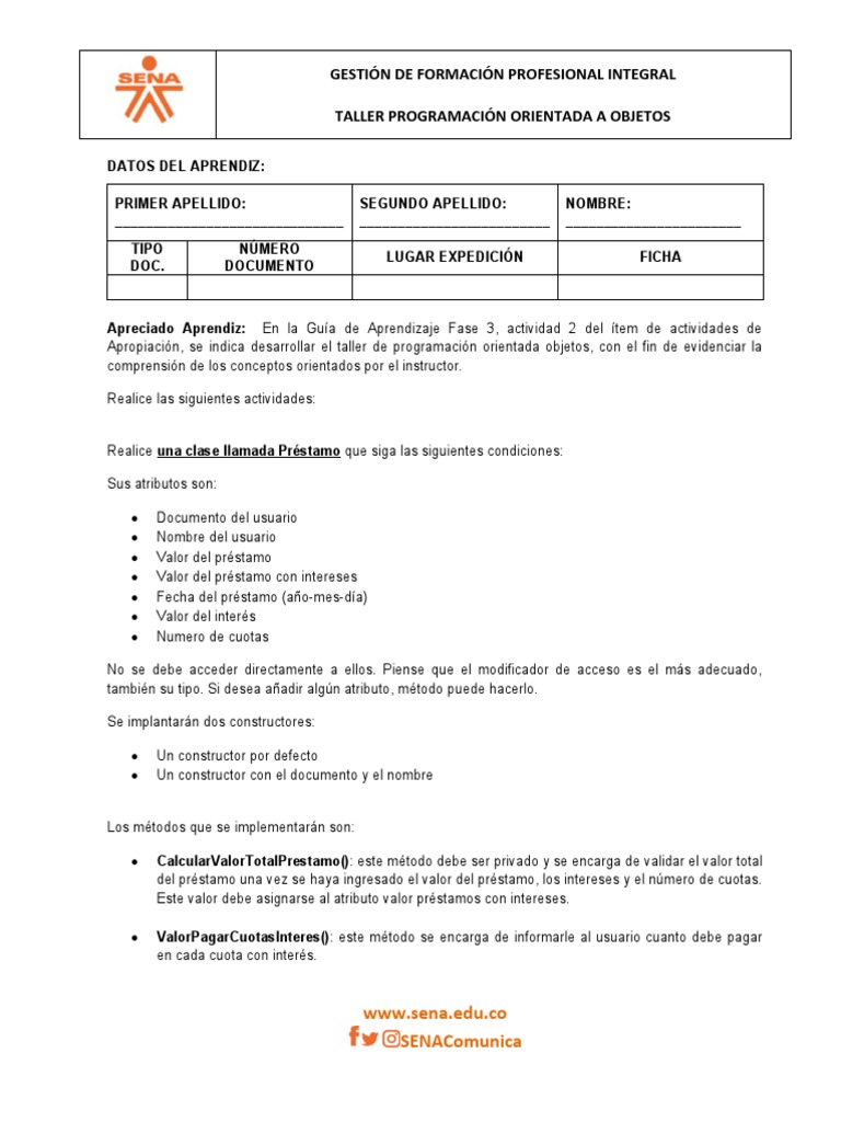 Taller Programación Orientada A Objetos Pdf Método Programación De Computadora