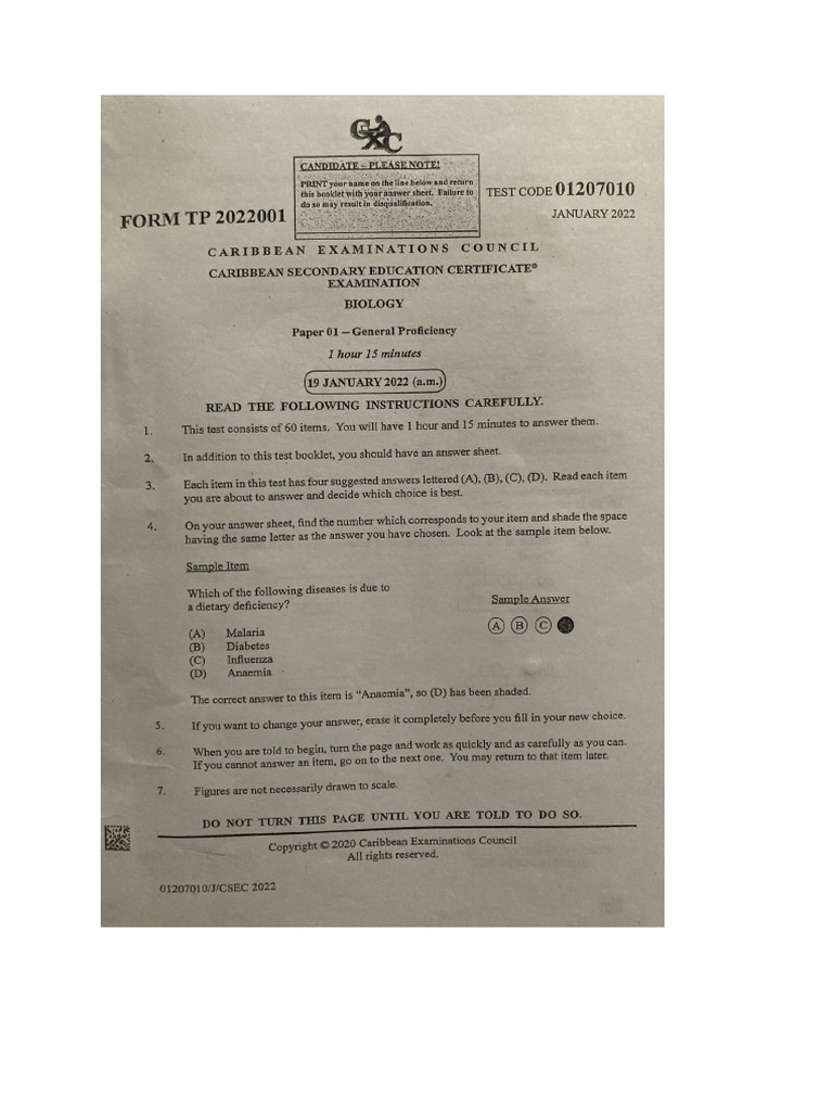 CSEC Biology January 2022 P1 Solutions | PDF