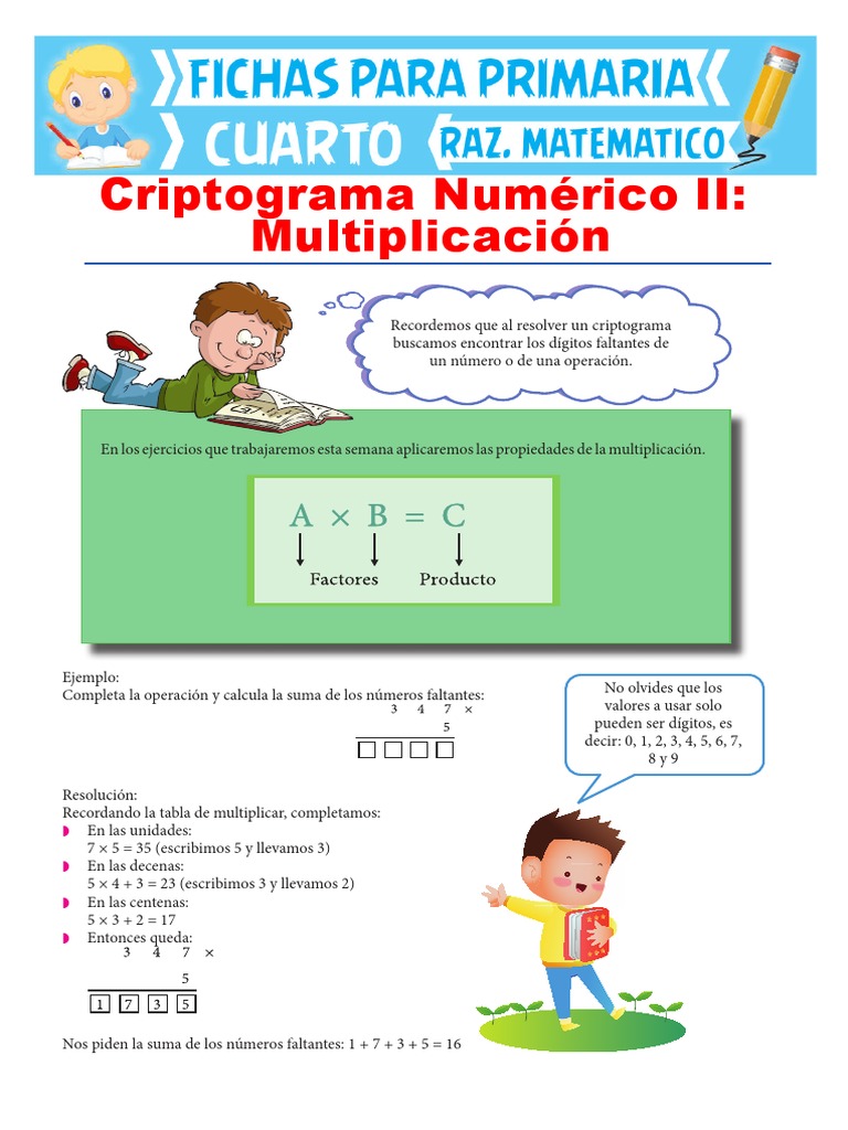 Ejercicios de Criptograma Númerico de Multiplicación para Cuarto de Primaria | PDF ...