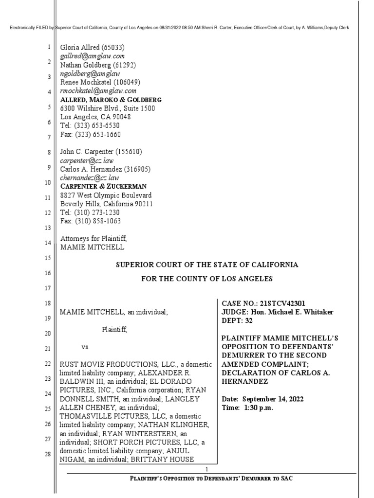 Mitchell v. Rust Movie Productions | PDF | Demurrer | Intentional ...