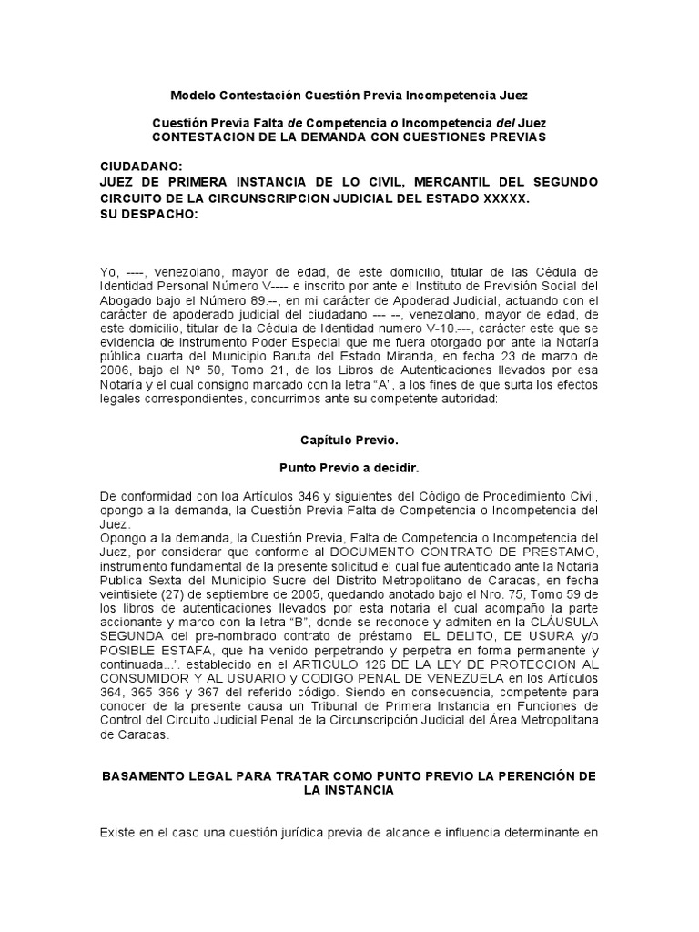 Modelo Contestación Cuestion Previa Incompetencia Juez | PDF ...