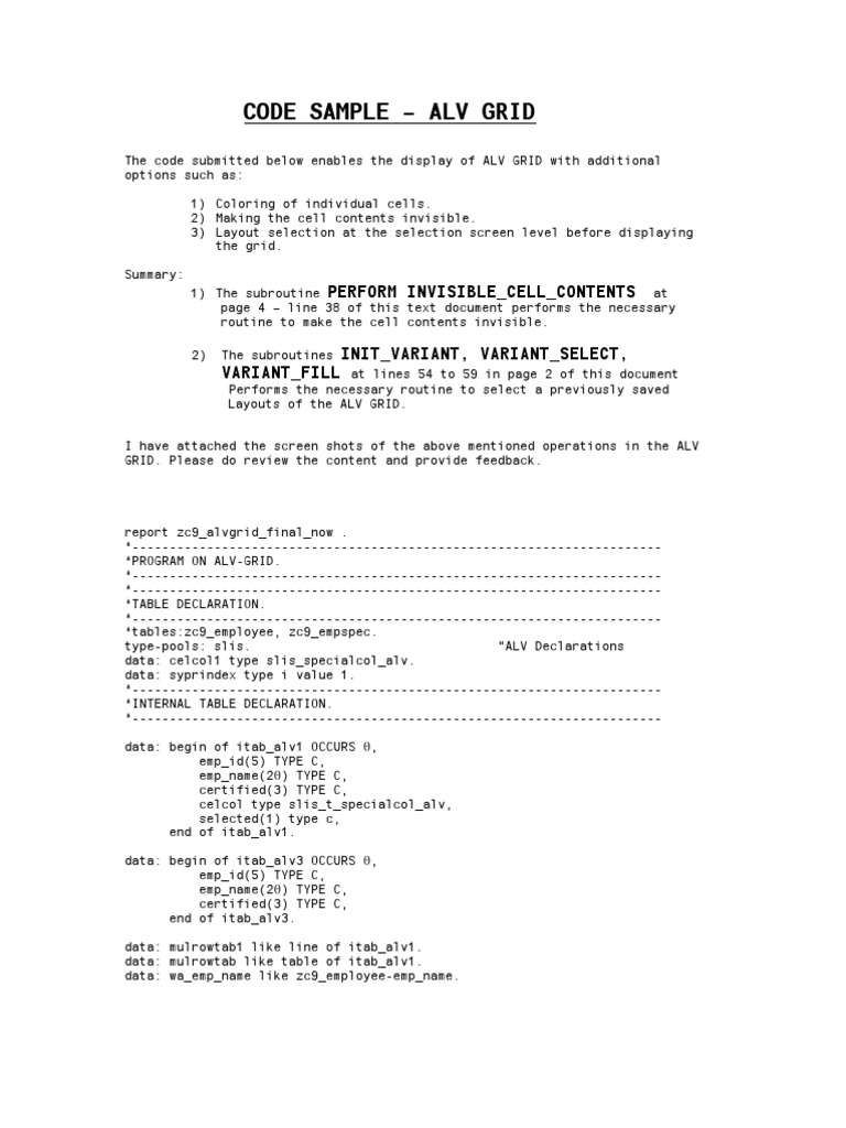 ABAP Code Sample For ALV Grid | PDF | Computer Engineering | Software Engineering