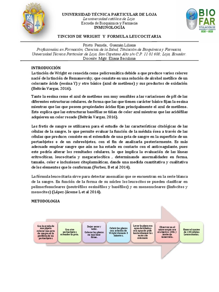 Practica 1 de Inmunologia TINCION DE WRIGHT Y FORMULA LEUCOCITARIA ...