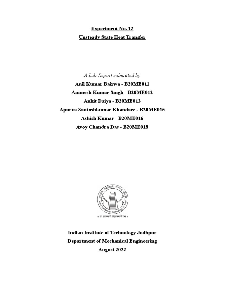 Ankit Daiya - Lab 12 - Unsteady State Heat Transfer | PDF | Heat Transfer | Heat