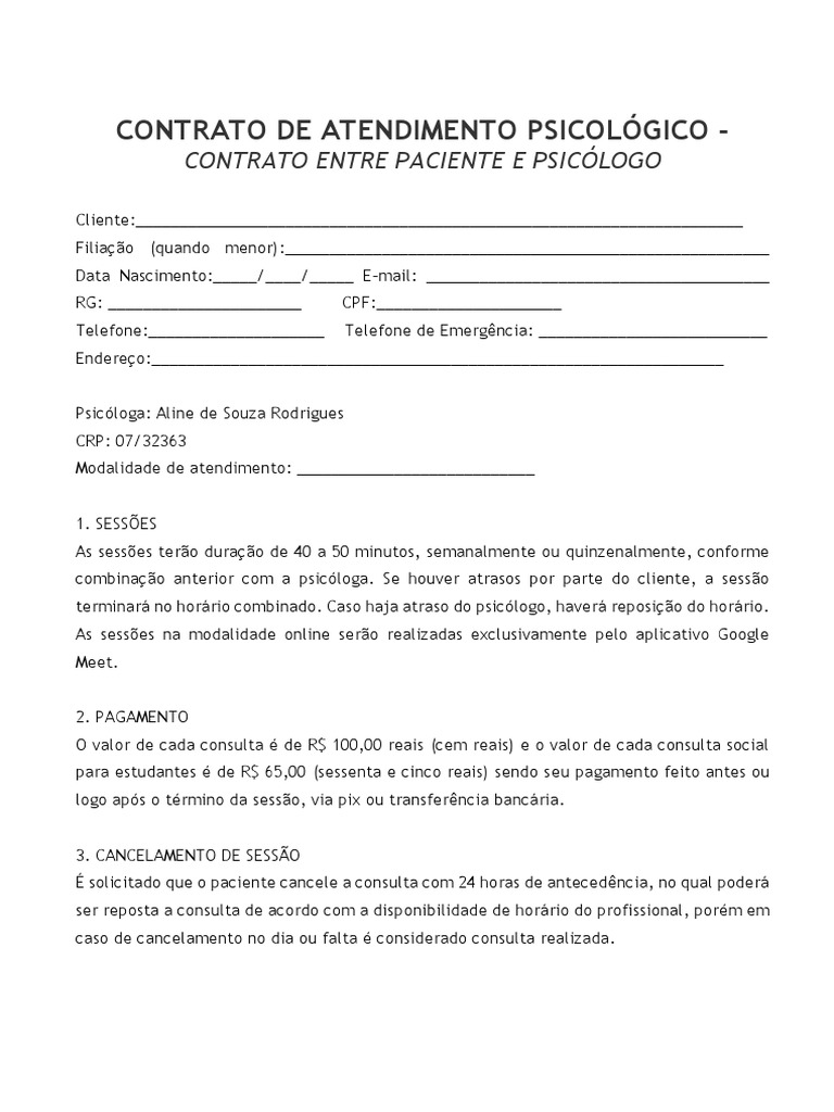 Contrato de Atendimento Psicológico | PDF | Psicologia