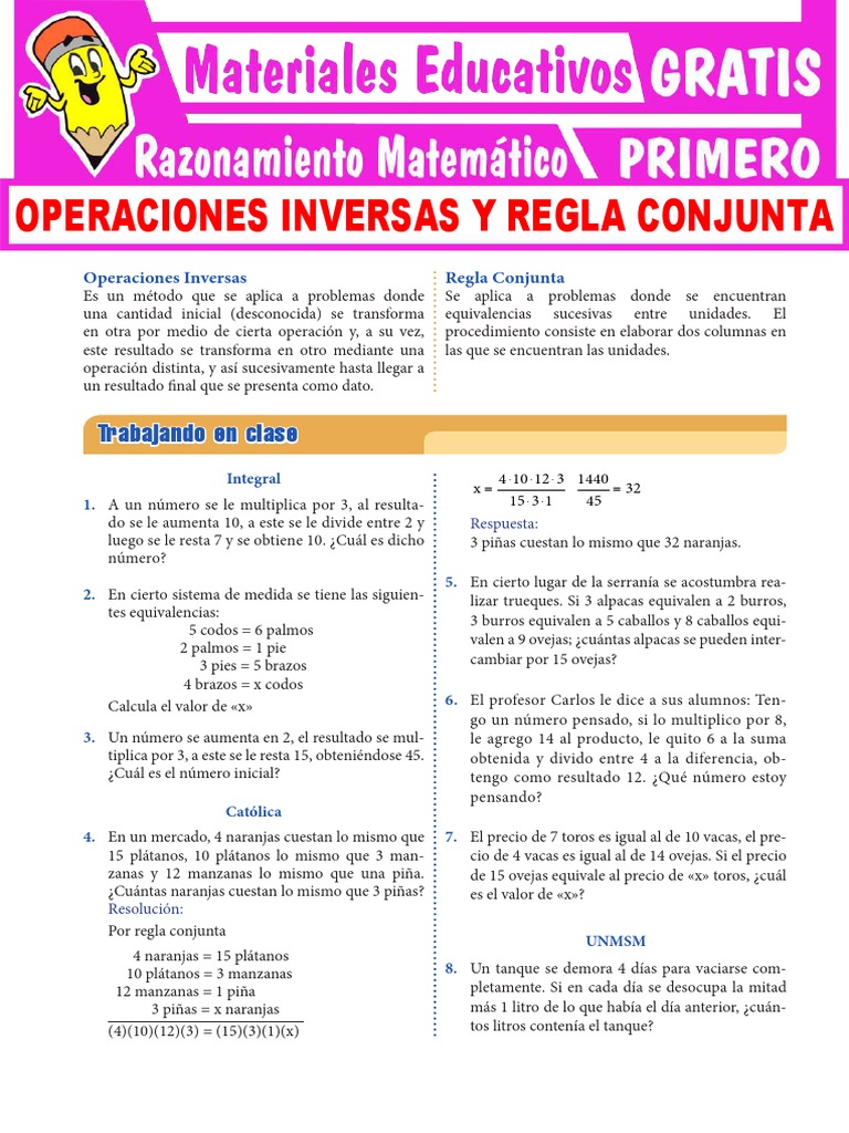 Operaciones Inversas y Regla Conjunta para Primer Secundaria | PDF | Sustracción