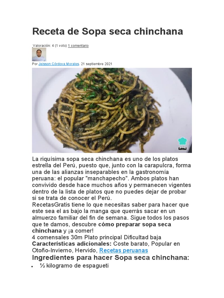 Receta de Sopa Seca Chinchana | PDF | Sopa | Caldo