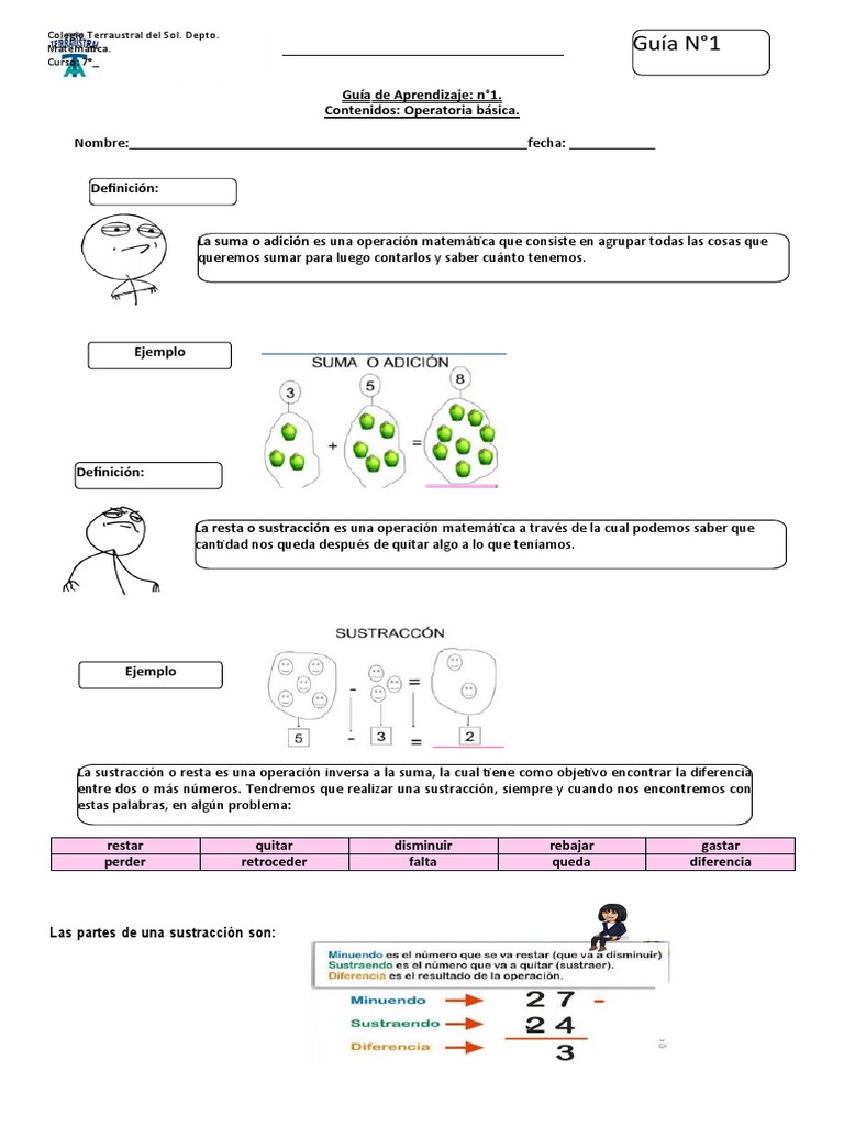 Guia de Aprendizaje #1. Operatoria Básica 7° Basico | PDF | Sustracción ...