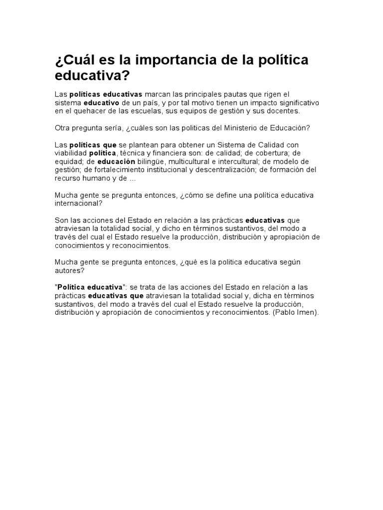 Cuál Es La Importancia de La Política Educativa | PDF | Ciencias sociales | Salud y bienestar