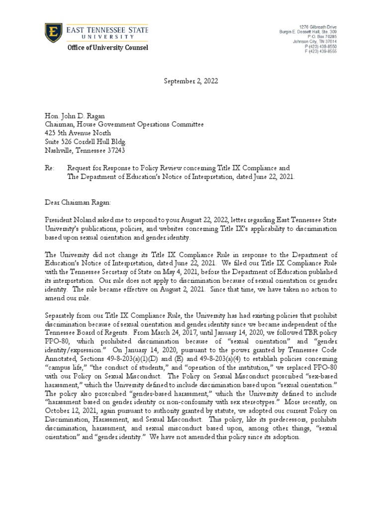 ETSU Response to Title IX Letter | PDF | Civil Rights Act Of 1964 ...