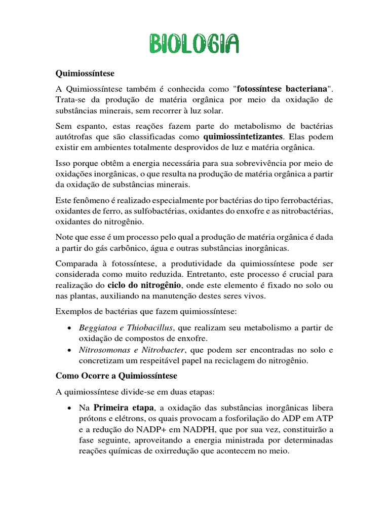 Entendendo a Quimiossíntese Bacteriana | PDF | Metabolismo | Materiais
