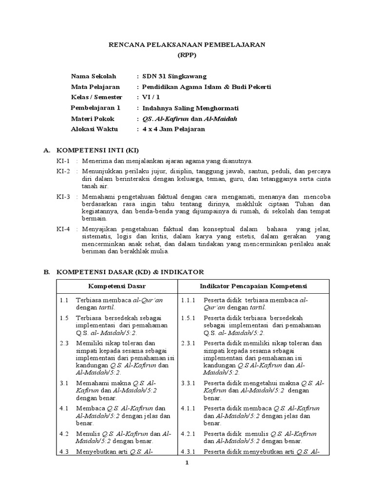 RPP Pai Kelas 6 SD Semester 1 | PDF