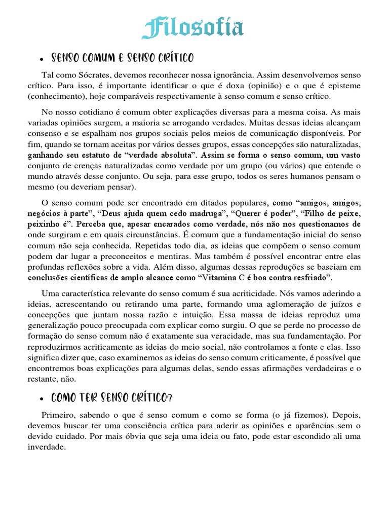 Senso Crítico e Senso Comum na Filosofia | PDF | Conhecimento | Science