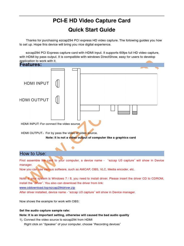 ezcap294 PCI-E Video Capture Guide | PDF | Hdmi | Device Driver