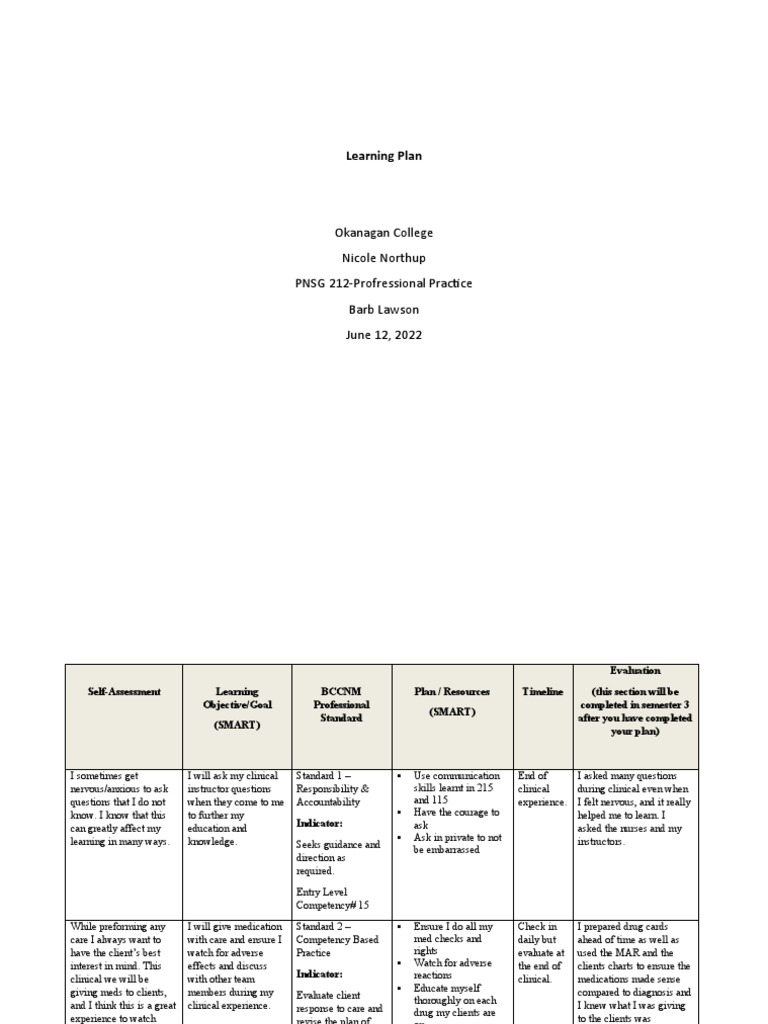 Nursing Clinical Learning Plan | PDF | Nursing | Nonverbal Communication