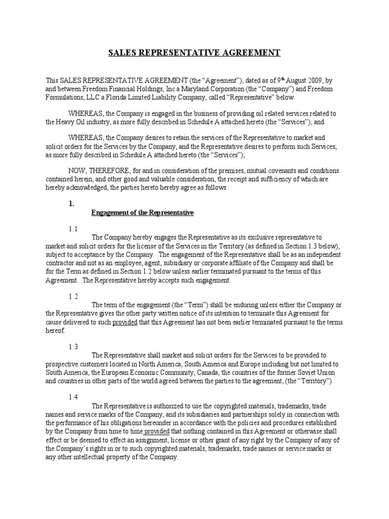 Sales Representative Agreement - Draft | PDF | Indemnity | Arbitration