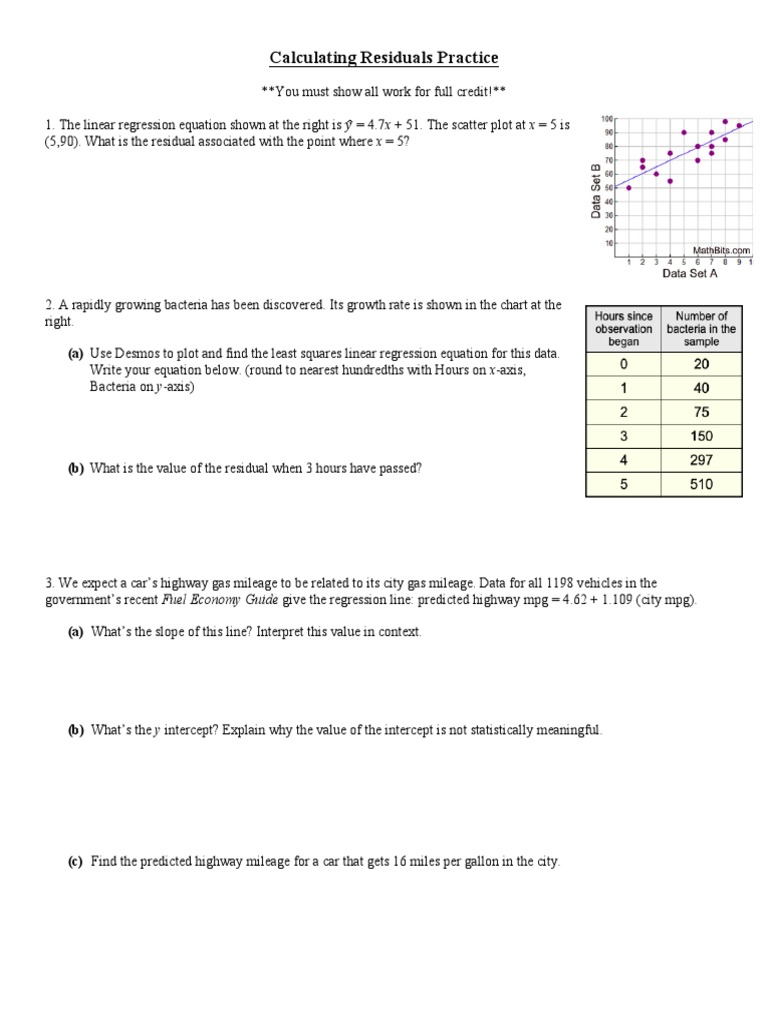 Calculating Residuals Practice | PDF