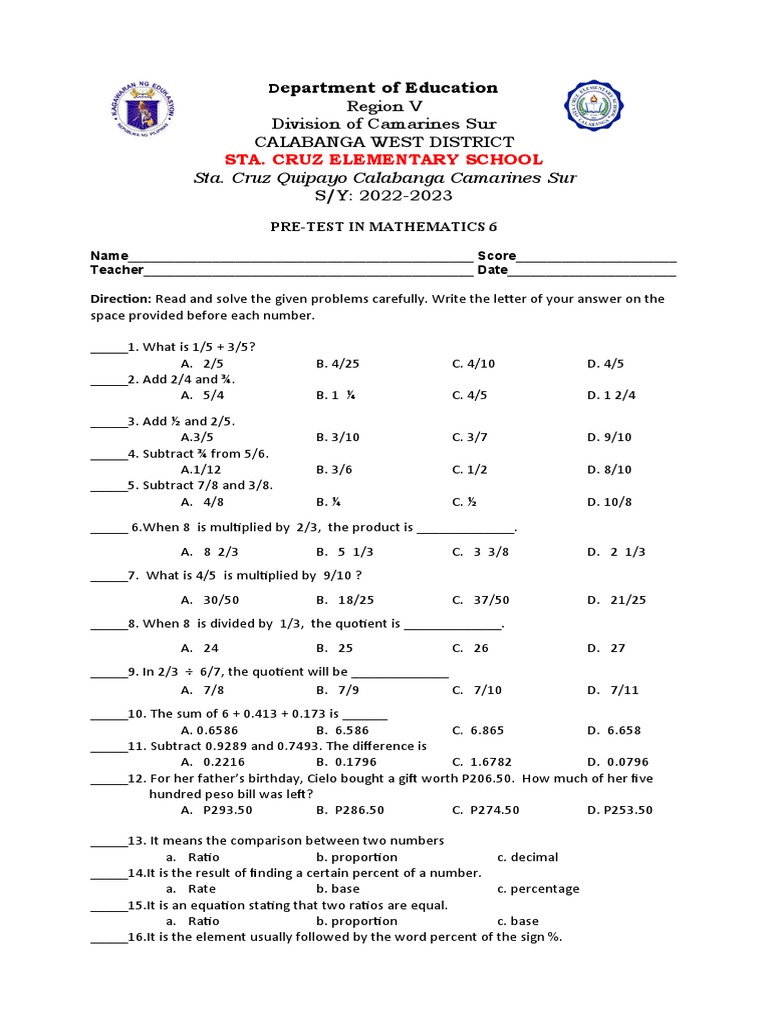 Pre-Test - Mathematics 6 | PDF | Volume | Triangle
