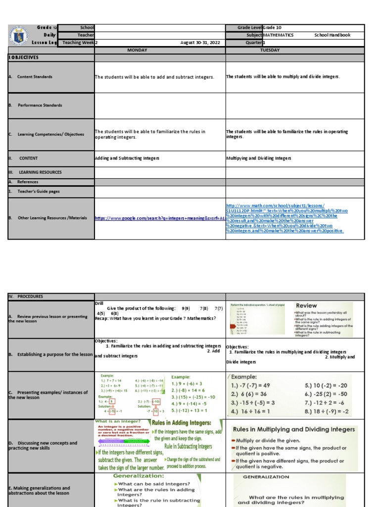 Adding and Subtracting Integers Plan | PDF | Multiplication | Teachers