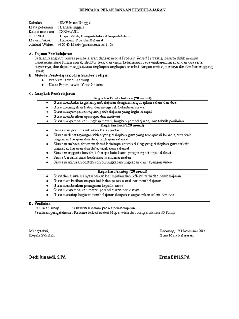 RPP Bahasa Inggris KLS 9 SMT Ganjil | PDF