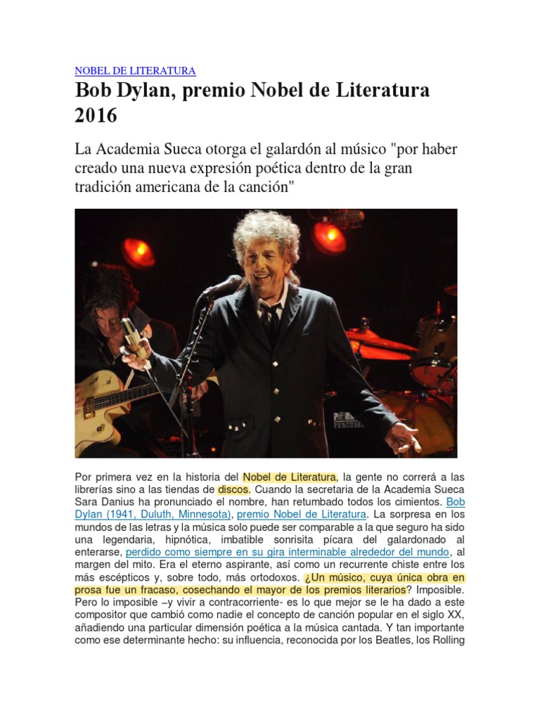 Nobel de Literatura Bob Dylan | PDF | Bob Dylan | Beat Generation