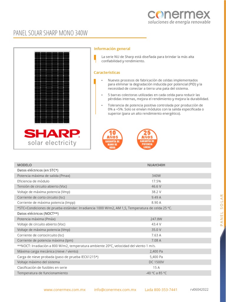 Panel Solar Sharp Mono 340W | PDF | Panel solar | Ingenieria Eléctrica