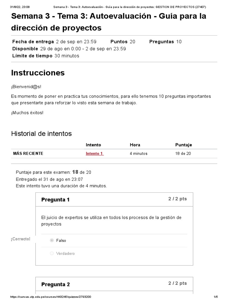 Semana 3 - Tema 3 - Autoevaluación - Guía para La Dirección de Proyectos - GESTION de PROYECTOS ...