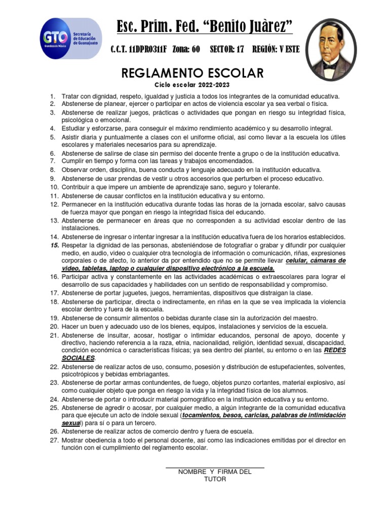 Reglamento Escolar, Benito Juarez | PDF | Violencia | Aprendizaje
