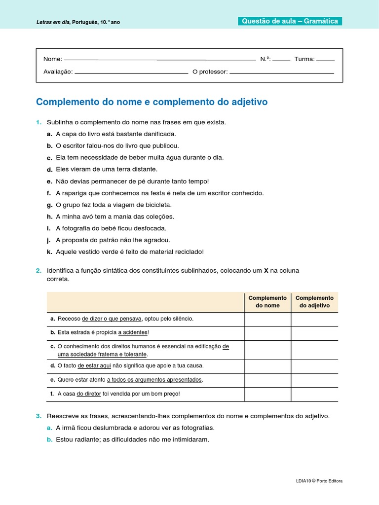 Questão de aula sobre complementos do nome e do adjetivo | PDF
