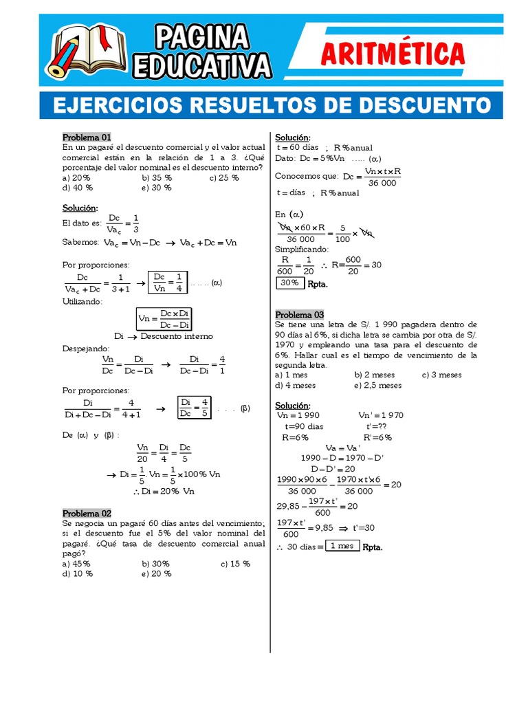 Ejercicios Resueltos de Descuentos Pagina Educativa | PDF