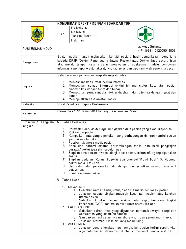 Sop Komunikasi Efektif Dengan Sbar Dan TBK | PDF