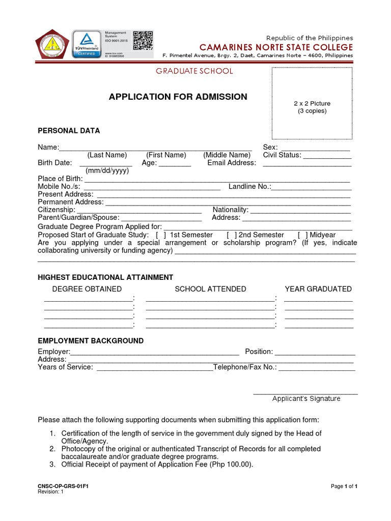 CNSC GS Application For Admission | PDF