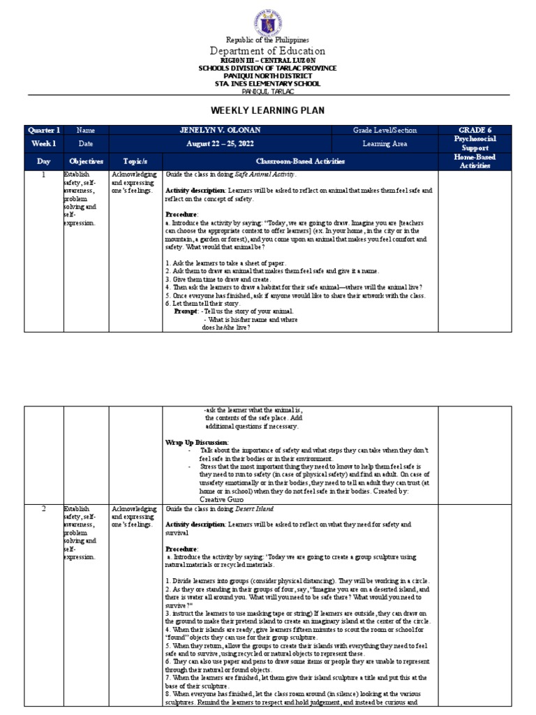 Weekly Learning Plan PSS (August 22-26, 2022) | PDF | Learning | Feeling