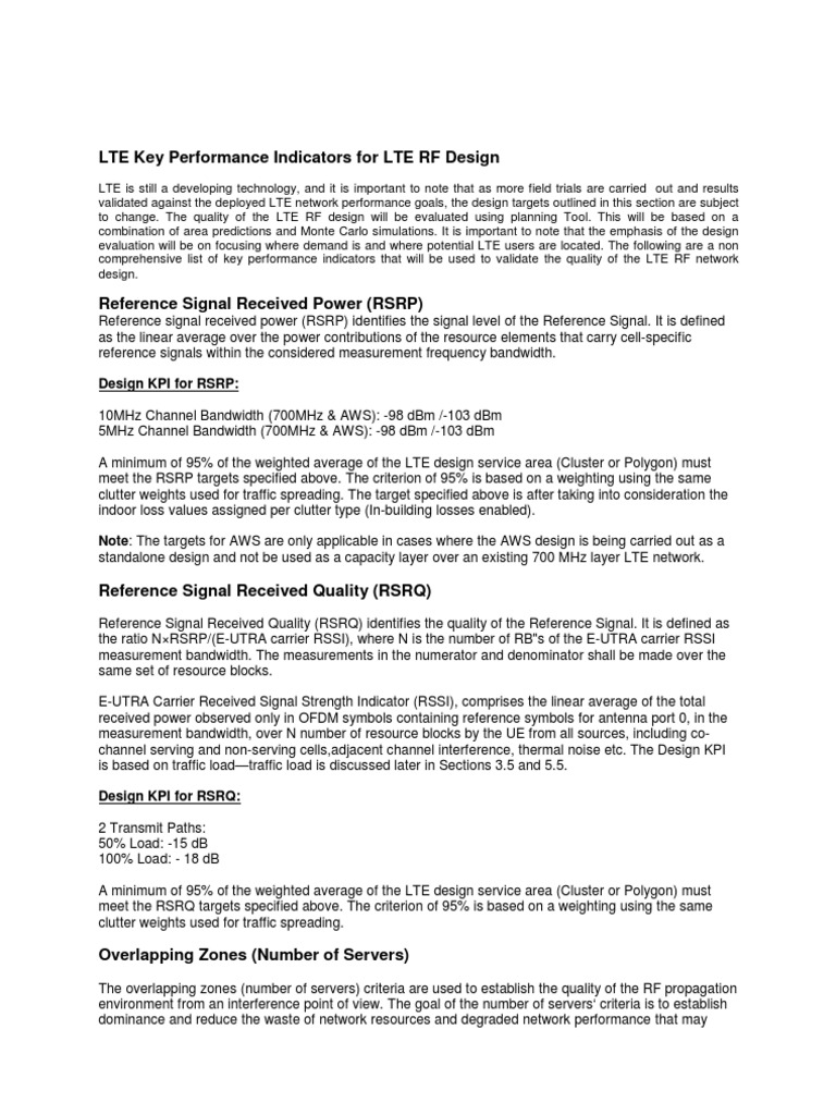 LTE Key Performance Indicators RF Design Targets | PDF | Lte ...