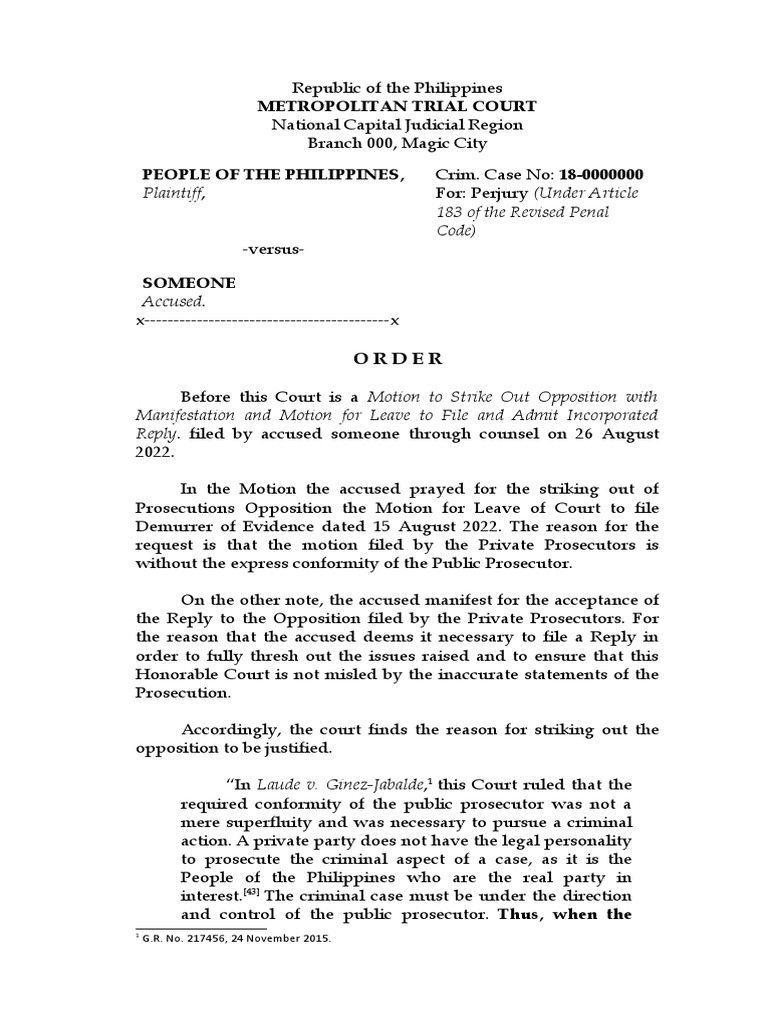 Sample Order Motion To Strike Opposition | PDF | Demurrer | Prosecutor