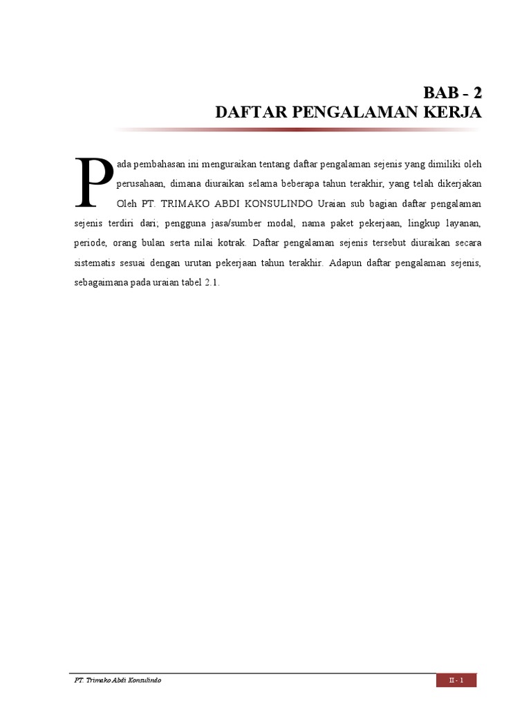 Daftar Pengalaman Kerja PT Trimako | PDF