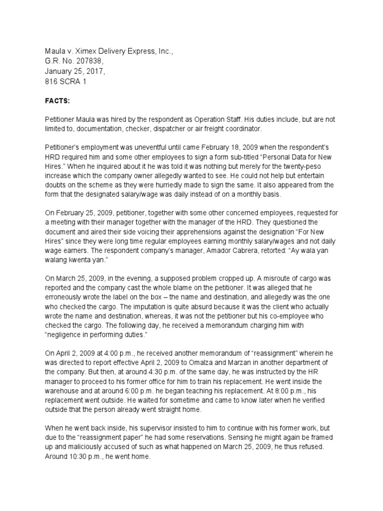 Maula v. Ximex Delivery Express, Inc., G.R. No. 207838, January 25 ...