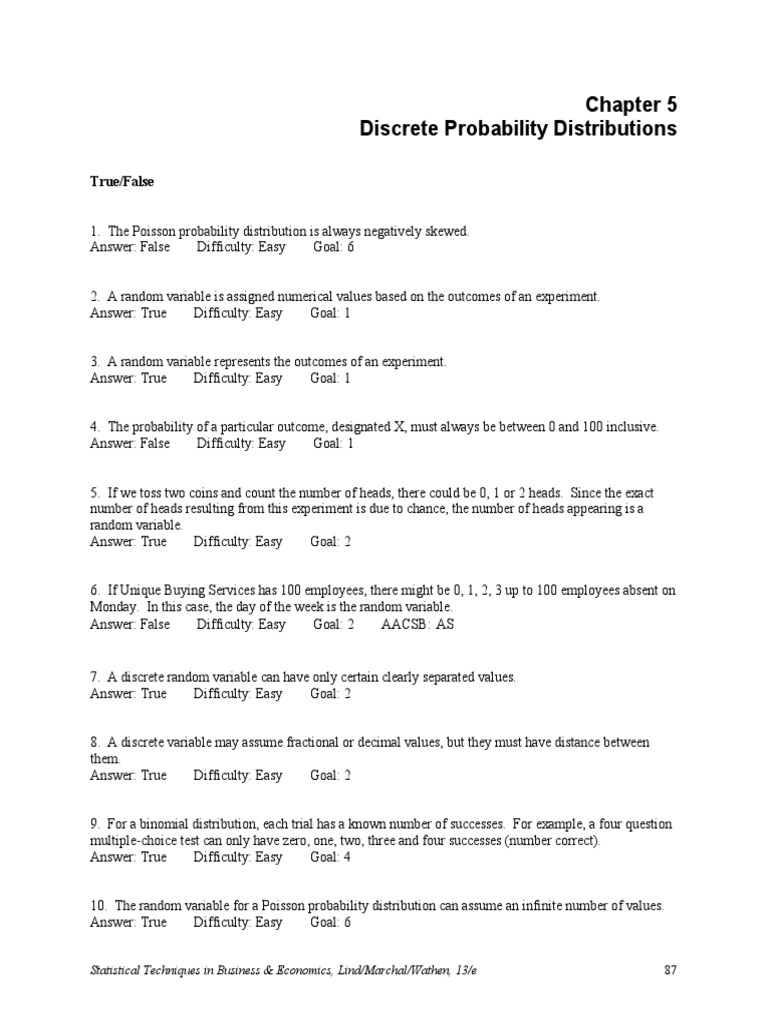 Chapter 5 Discrete Probability Distributions True or False | PDF ...