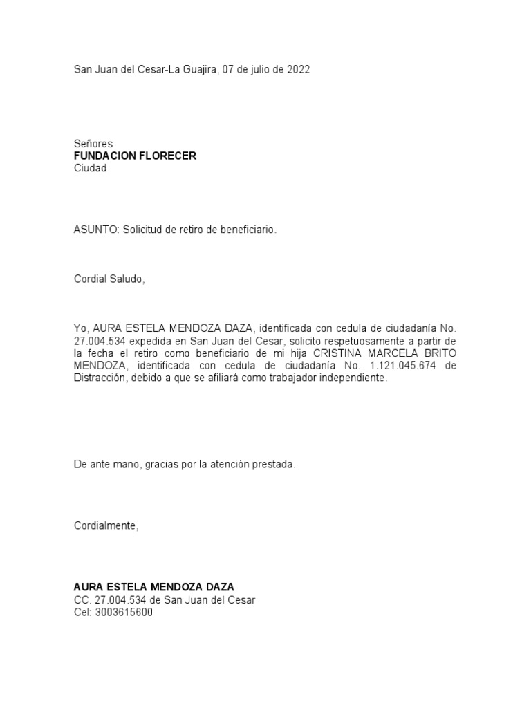 Carta de Solicitud de Retiro de Beneficiario | PDF