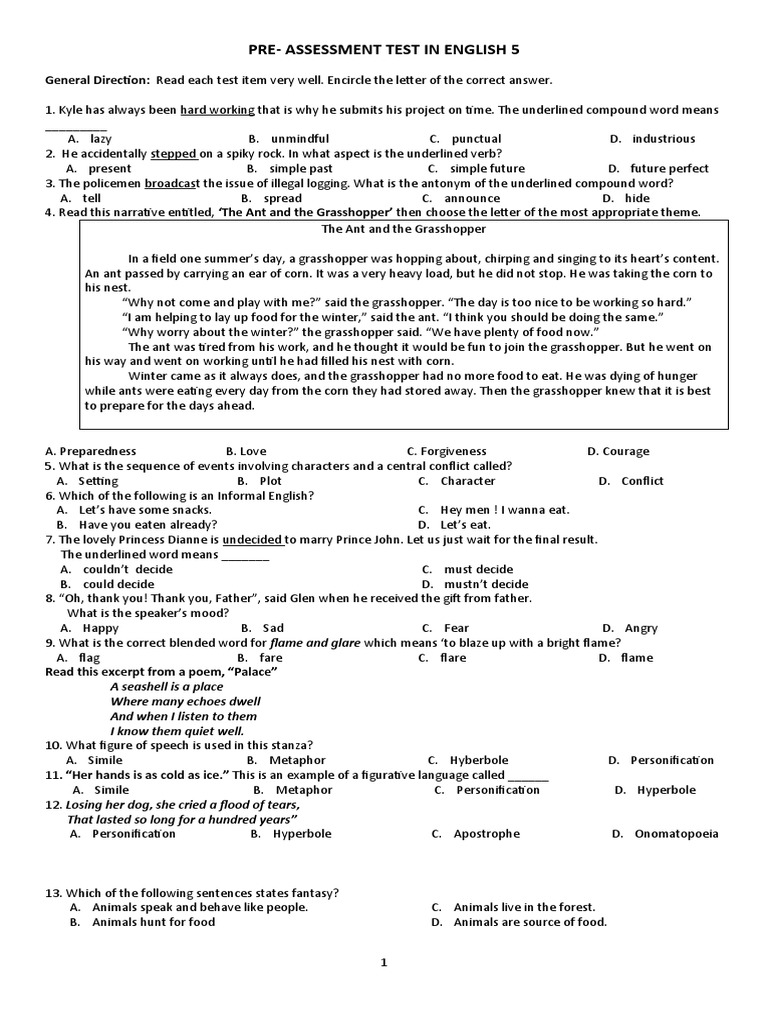 Pre-Assessment Test in English 5 | PDF | Eagle | Predation