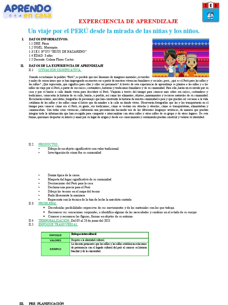 EXPERIENCIA DE APRENDIZAJE Nº7 Un viaje por el PERÚ desde la mirada de las niñas y los niños ...