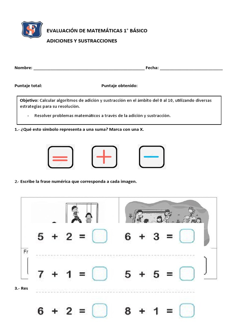 Prueba de Matematicas Sumas y Restas 1 Basico | PDF