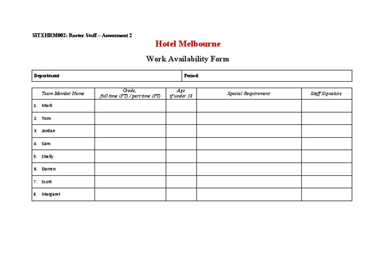 Work Availability Form Template | PDF