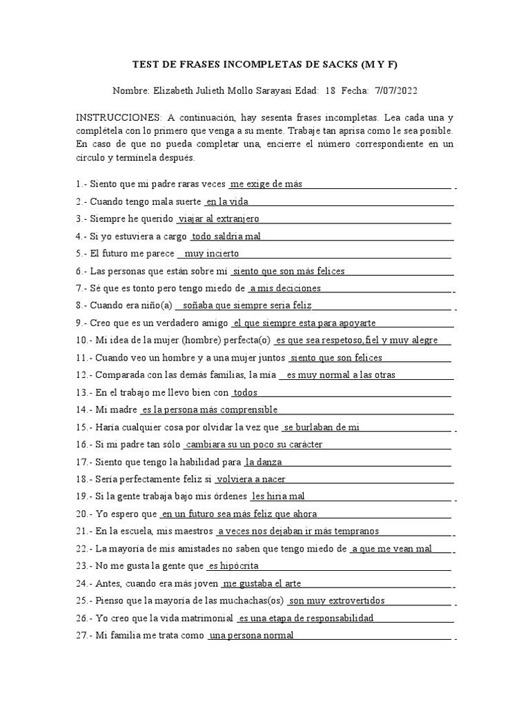 Test de Frases Incompletas de Sacks Beti | PDF