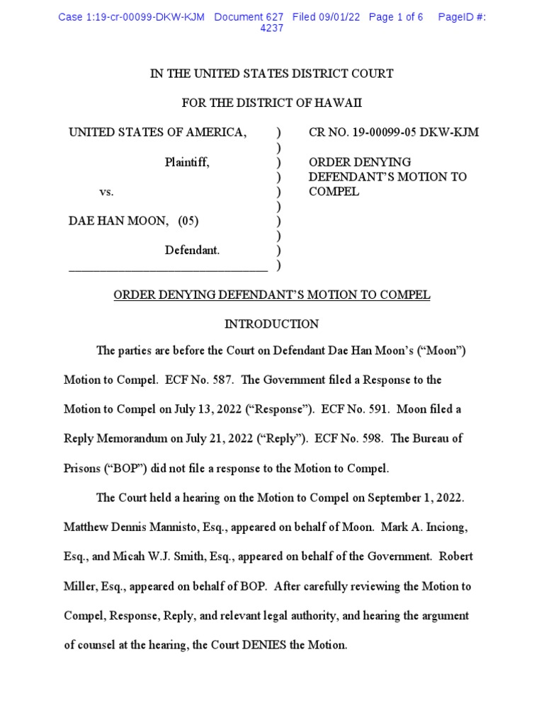 Order Denying Dae Han Moon Motion To Compel Computer Access | PDF | Discovery (Law) | Right To ...